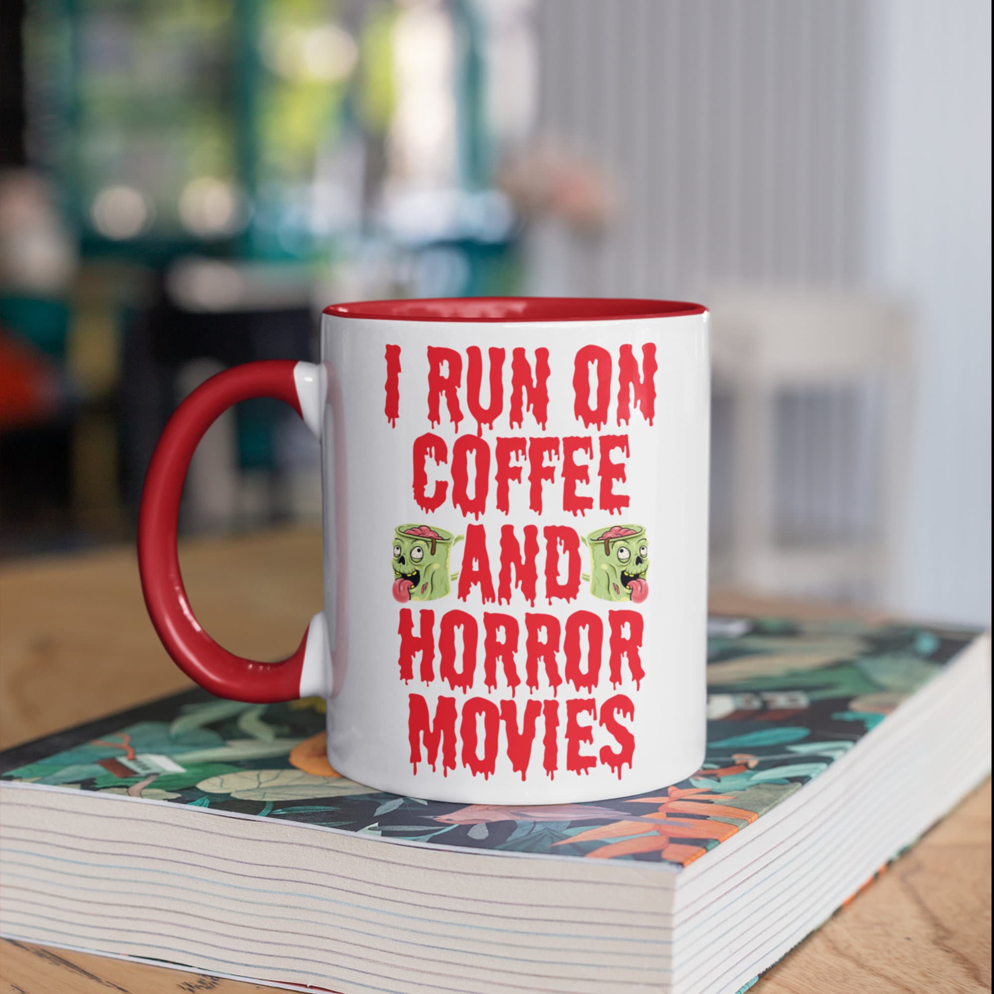 Coffee and Horror Movies Mug, Funny Zombie Scary Movies Red Coffee Mugs ...
