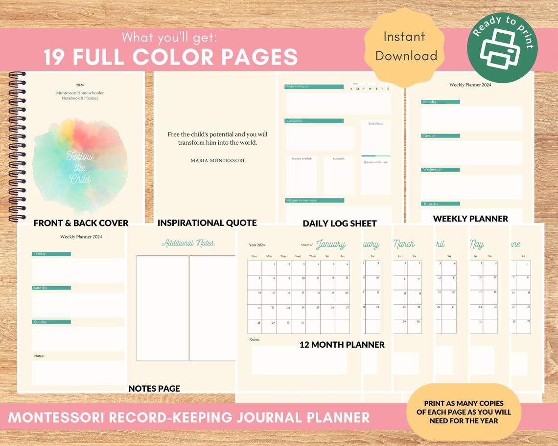 Planner for Homeschool 2024 Printable PDF Template for Montessori Logs ...