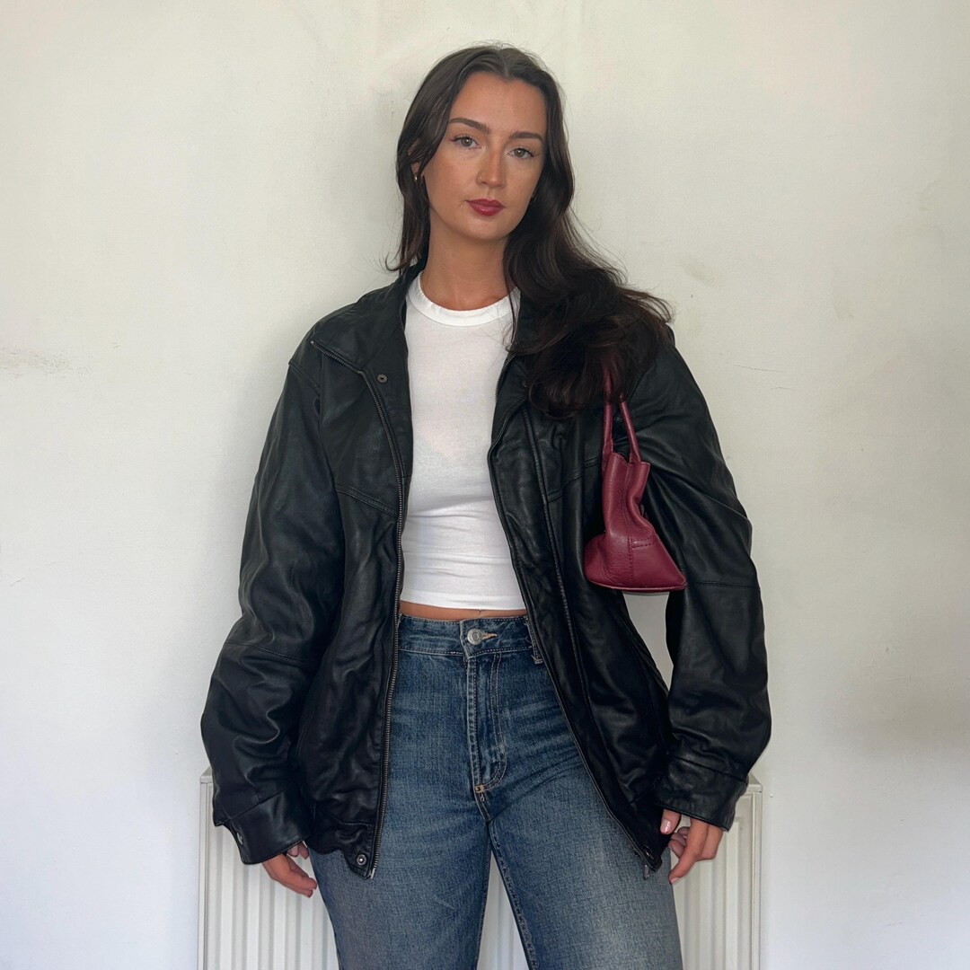 Vintage Black Heavy Leather 90s Bomber Jacket - Etsy