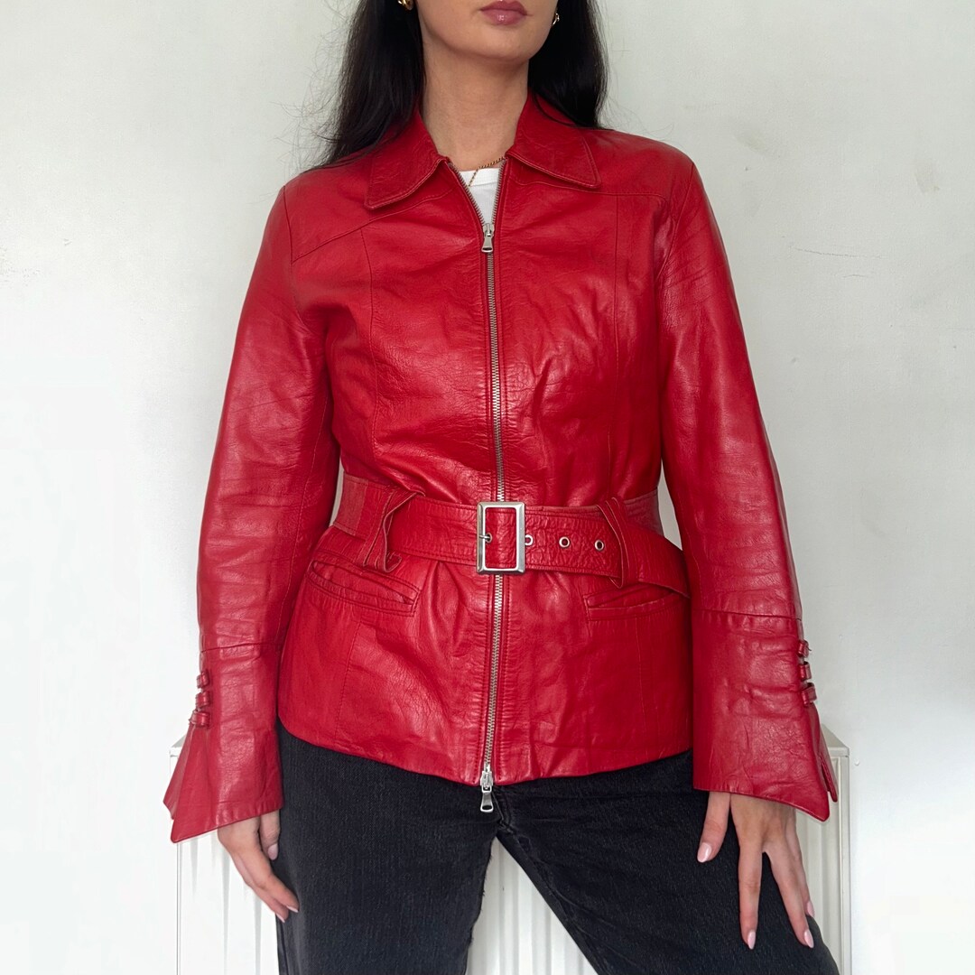 Vintage Cherry Red Leather Bomber Jacket - Etsy