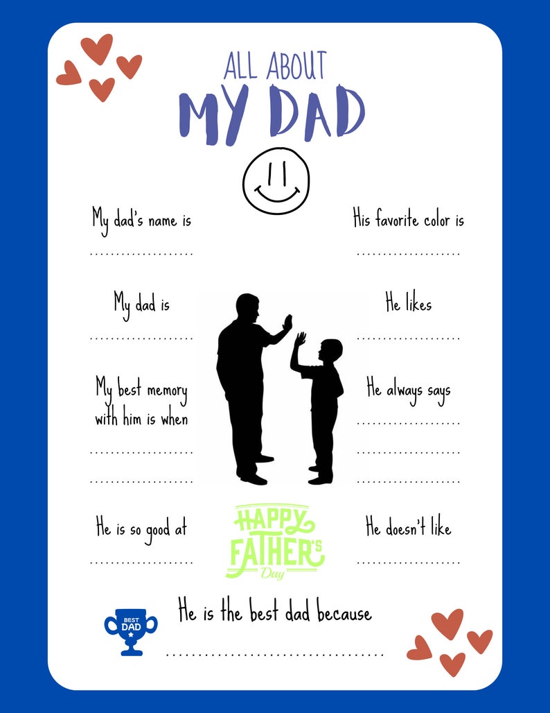All About My Dad Printable, Fathers Day Gift From Kids Boy and Girl ...