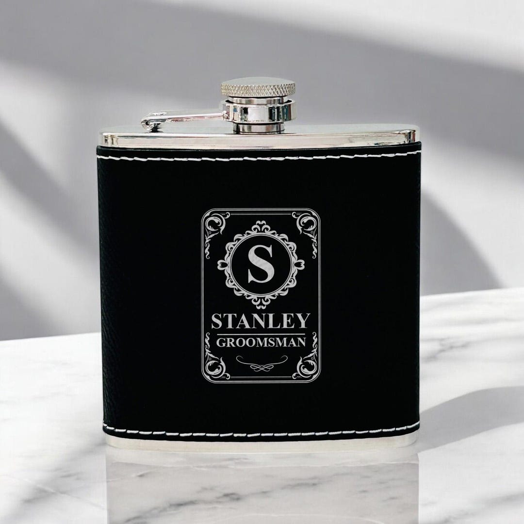 Monogram Border Personalized Leather Hip Flask, Engraved Personalized ...