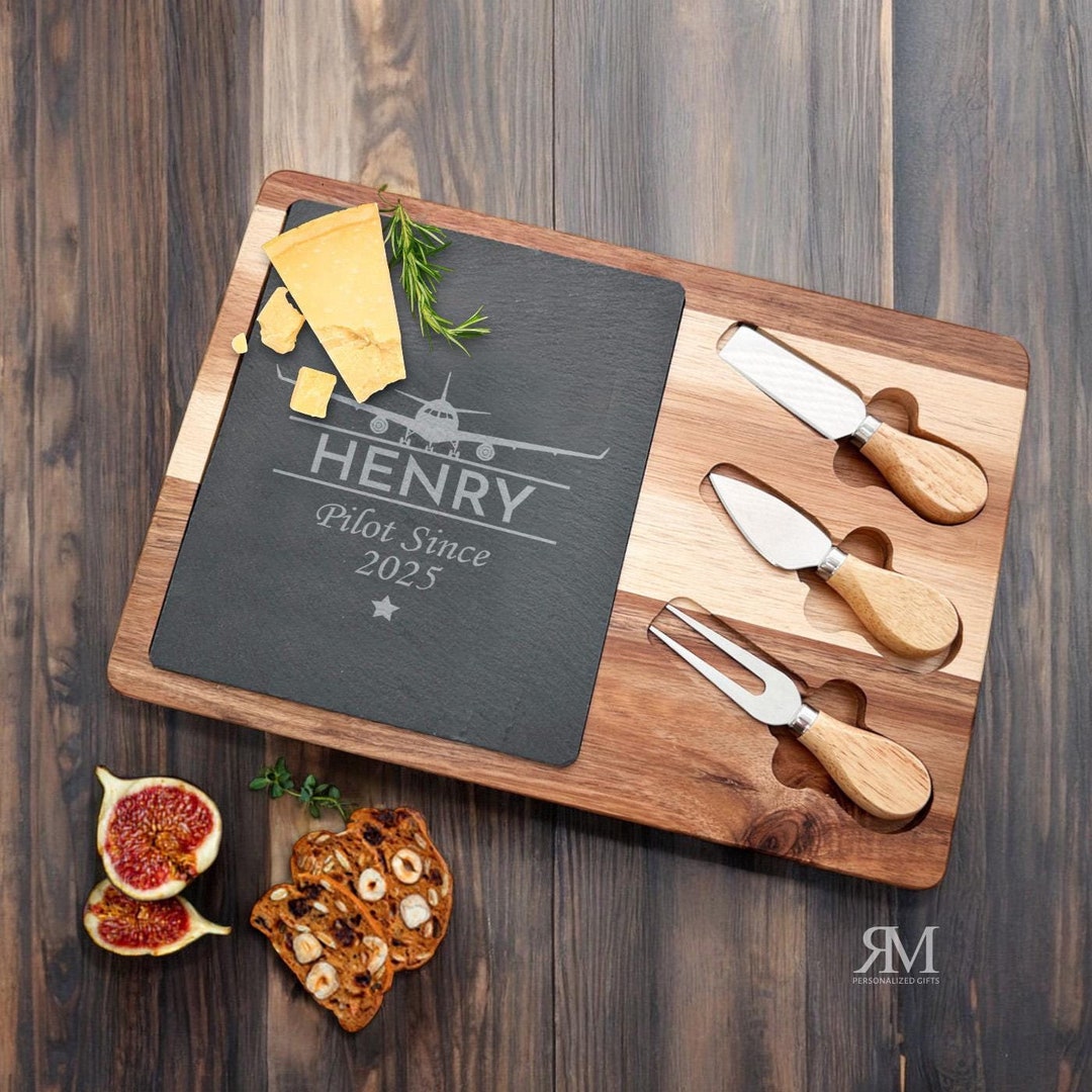 Engraved Airplane Helicopter Pilot Acacia Wood Charcuterie Board, Slate ...
