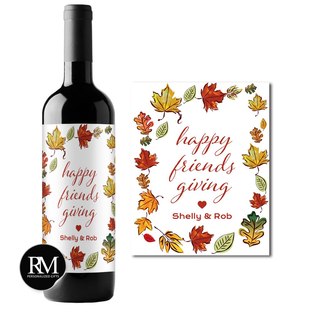 Personalized Wine Label Fall Leaves Border Happy Friends Giving Labels ...
