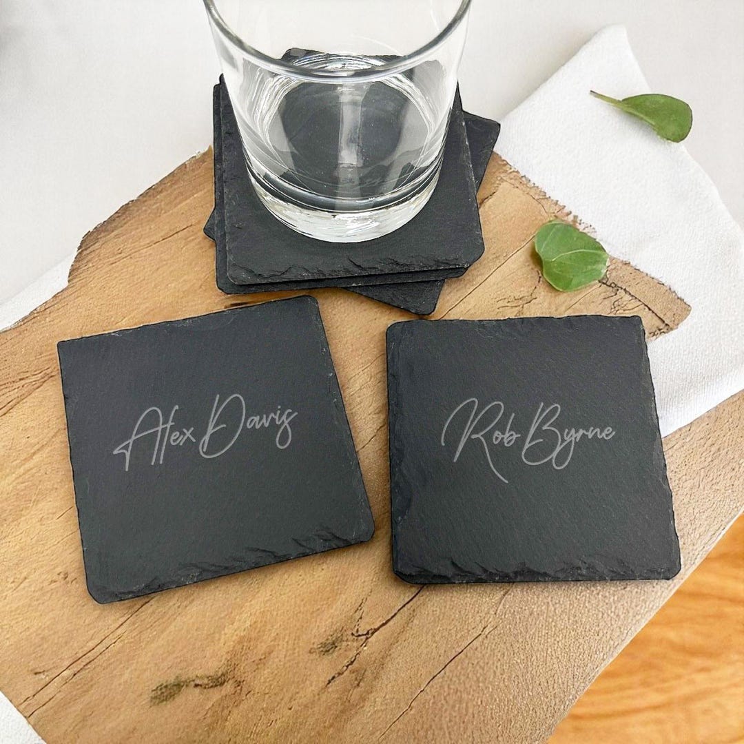 Fancy Script Signature Personalized Custom Slate Coaster Set, Engraved ...