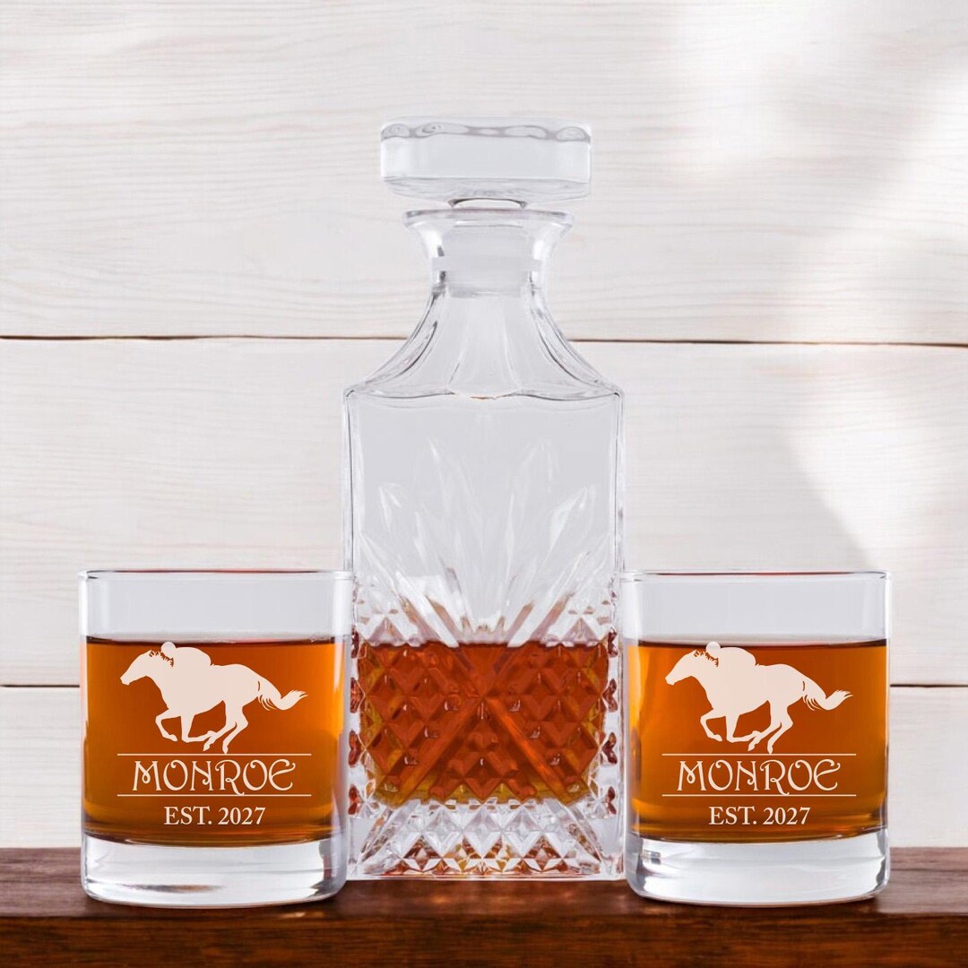 Engraved Horse Racing Whiskey Decanter Set: Diamond Cut Glass - Etsy