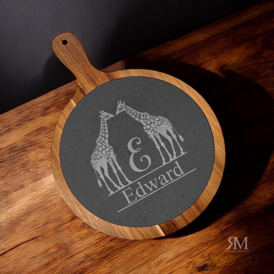 Giraffe Initial Engraved Slate & Wood Paddle Cheese Board, Acacia Wood ...