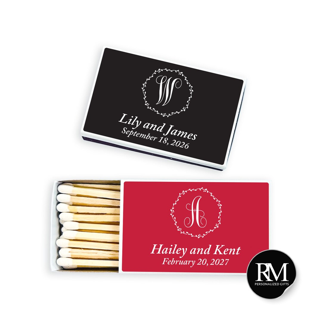 Personalized Matches PACK of 50 Monogram Circle Wreath Personalized ...