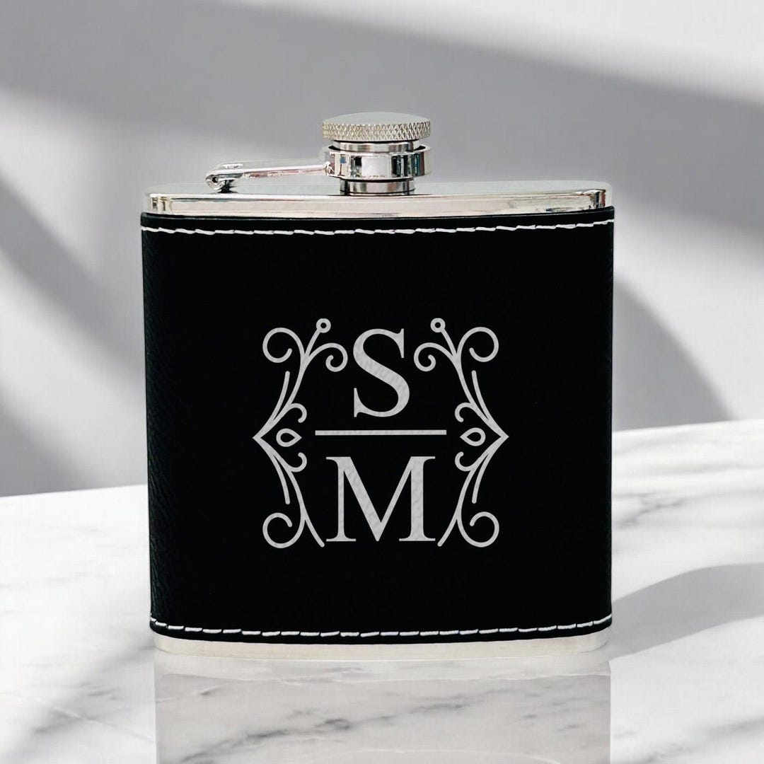 Decorative Stacked Monogram Personalized Leather Hip Flask, Engraved ...