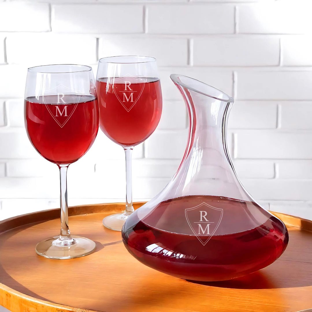 Monogrammed Wine Decanter & Stemless Glass Set: Personalized Etched ...