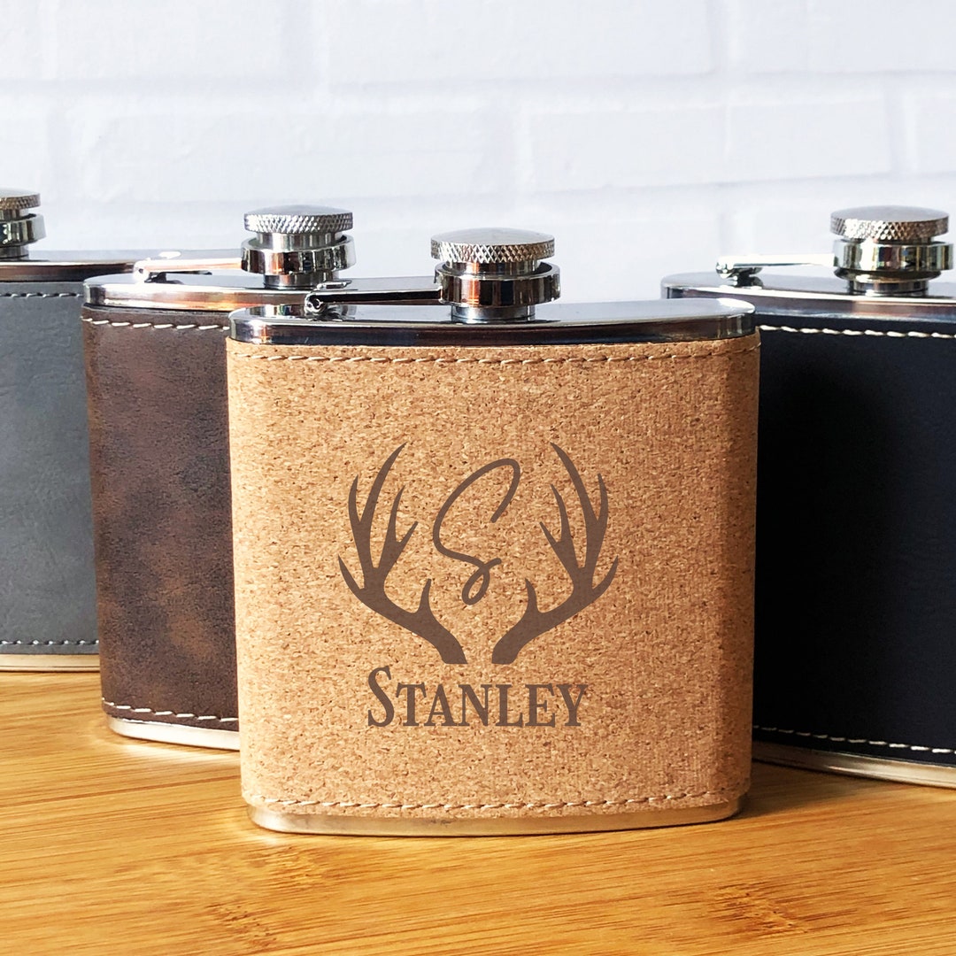 Personalized Leather Hip Flask, Antler Monogram Engraved Personalized ...