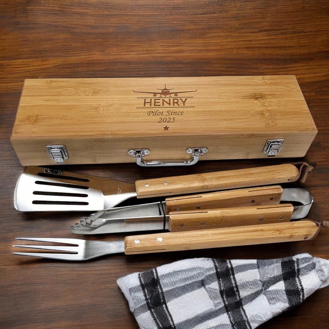 Personalized Airplane Helicopter Pilot BBQ Set, Engraved Bamboo Grill ...