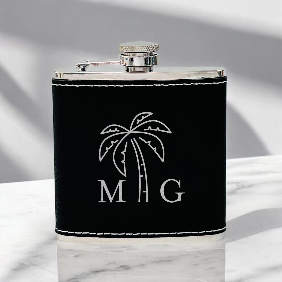 Personalized Palm Tree Leatherette Flask: Engraved Stainless Steel, 6 ...