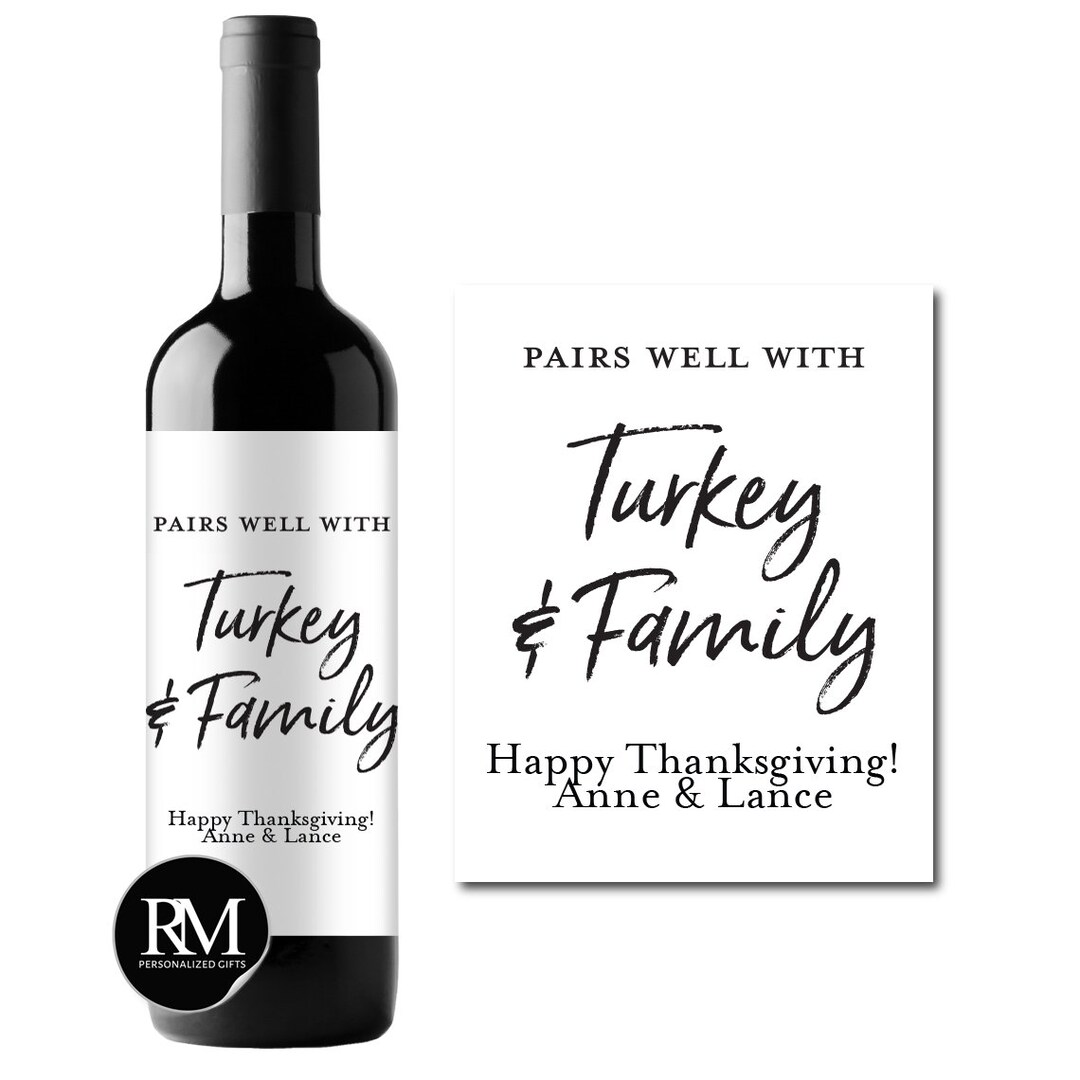 Set of 12 Turkey & Family Personalized Wine Labels, Thanksgiving Wine ...