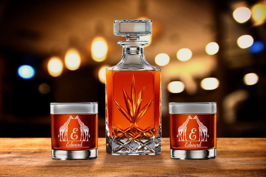 Giraffe Initial Design Whiskey Decanter, Whiskey Rocks Glasses ...