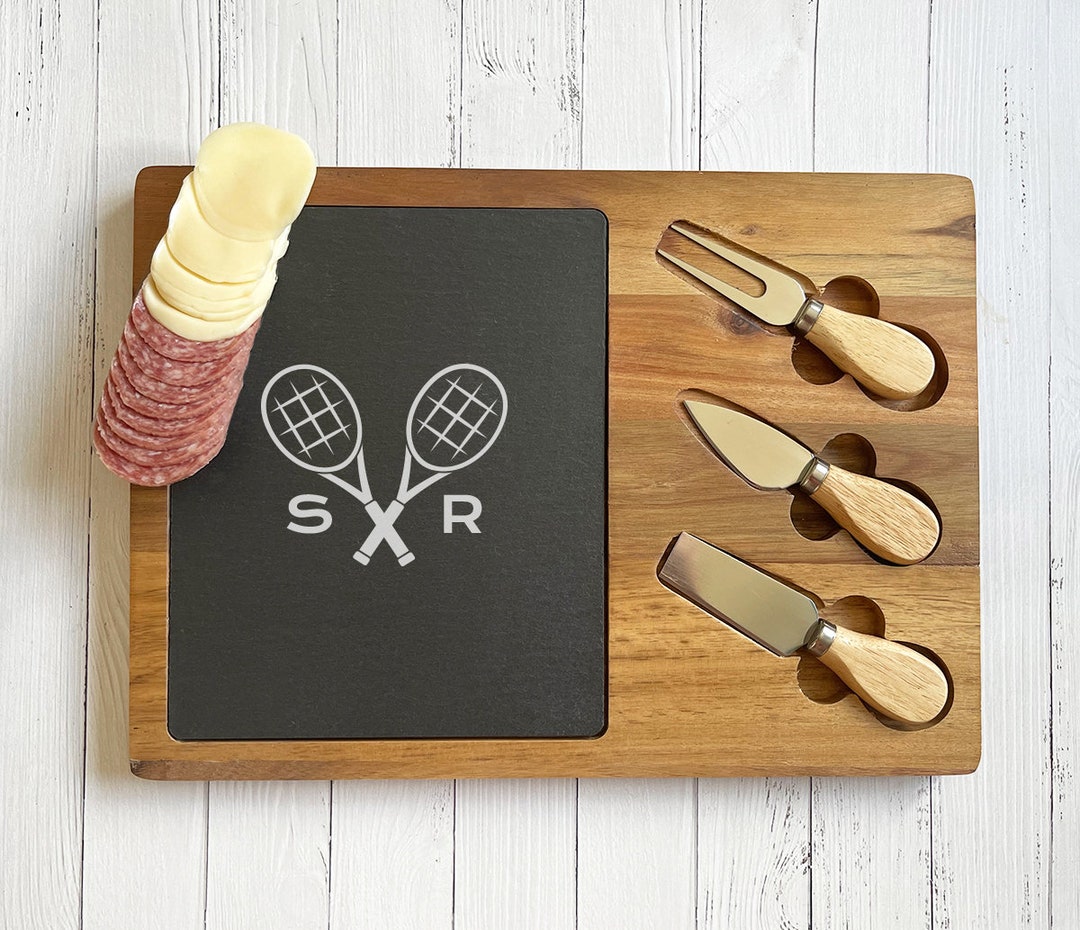 Engraved Cheese Board Set, Tennis Racket Monogram Rectangle Charcuterie ...
