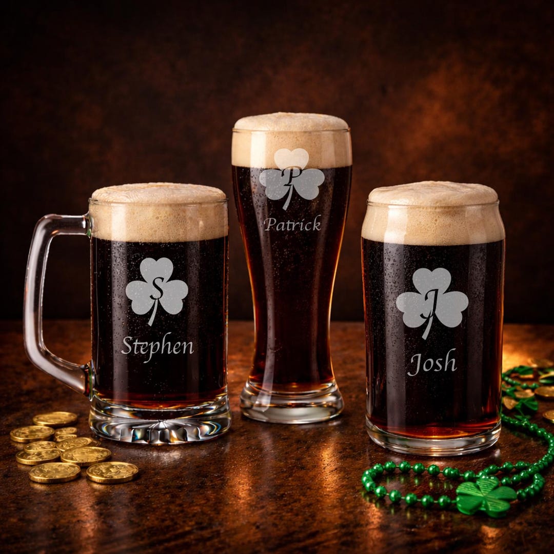 Engraved Irish Shamrock Beer Glass, Personalized Pint, Mug, Pilsner ...