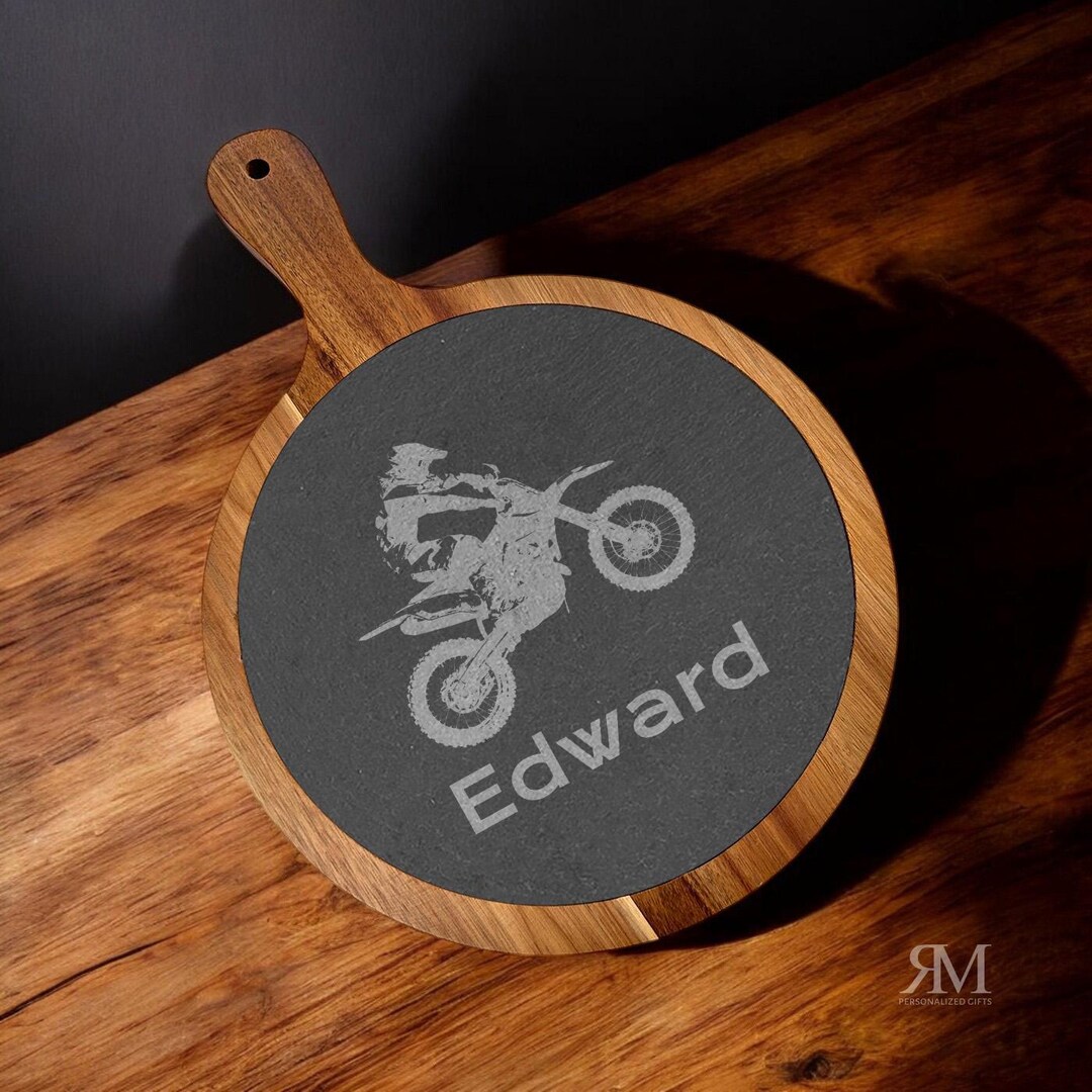 Motorcycle Rider Engraved Slate & Wood Paddle Cheese Board, Acacia Wood ...