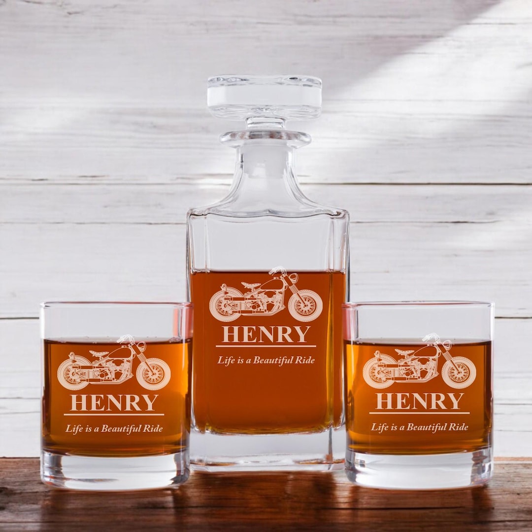 Motorcycle Rider Personalized Whiskey Decanter or Whiskey Rocks Glasses ...