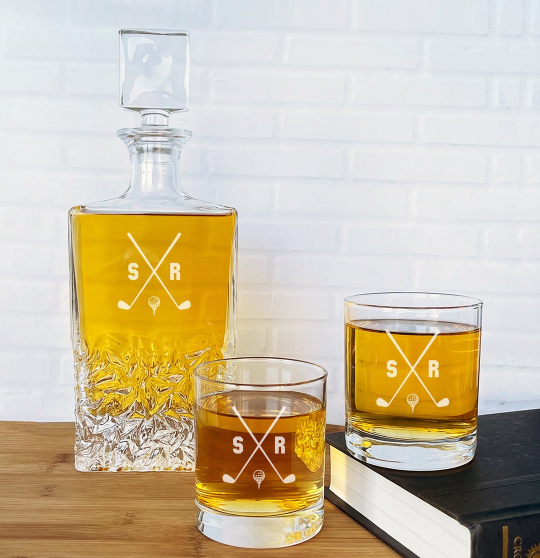 Golf Monogram Whiskey Decanter Whiskey Rocks Glasses Excalibur Beveled ...