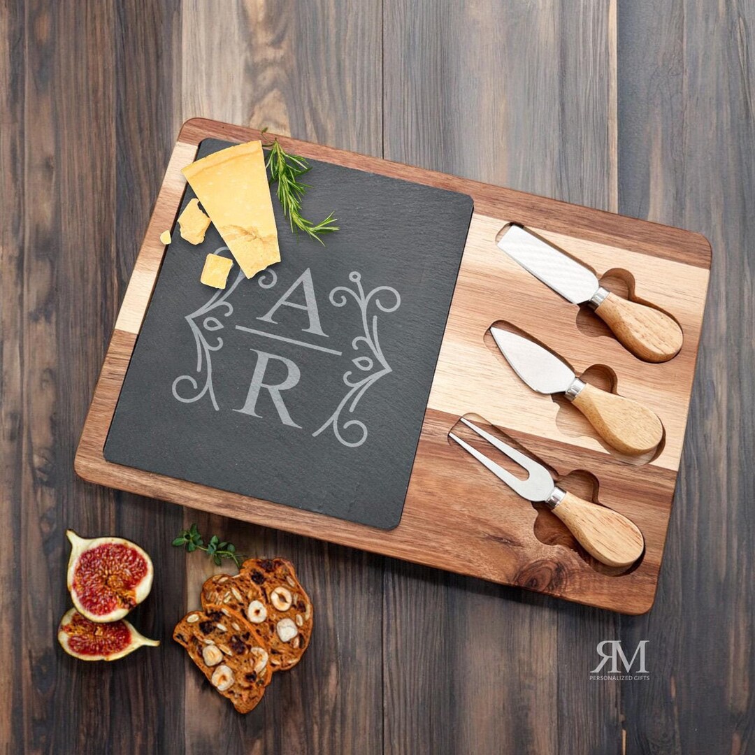 Initial Engraved Cheese Board Set, Rectangle Charcuterie Board Acacia ...