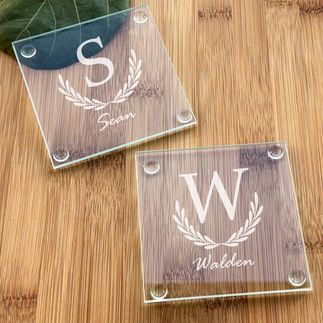 Engraved Set of 4 Pieces Monogram Personalized Glass Coasters Favors ...