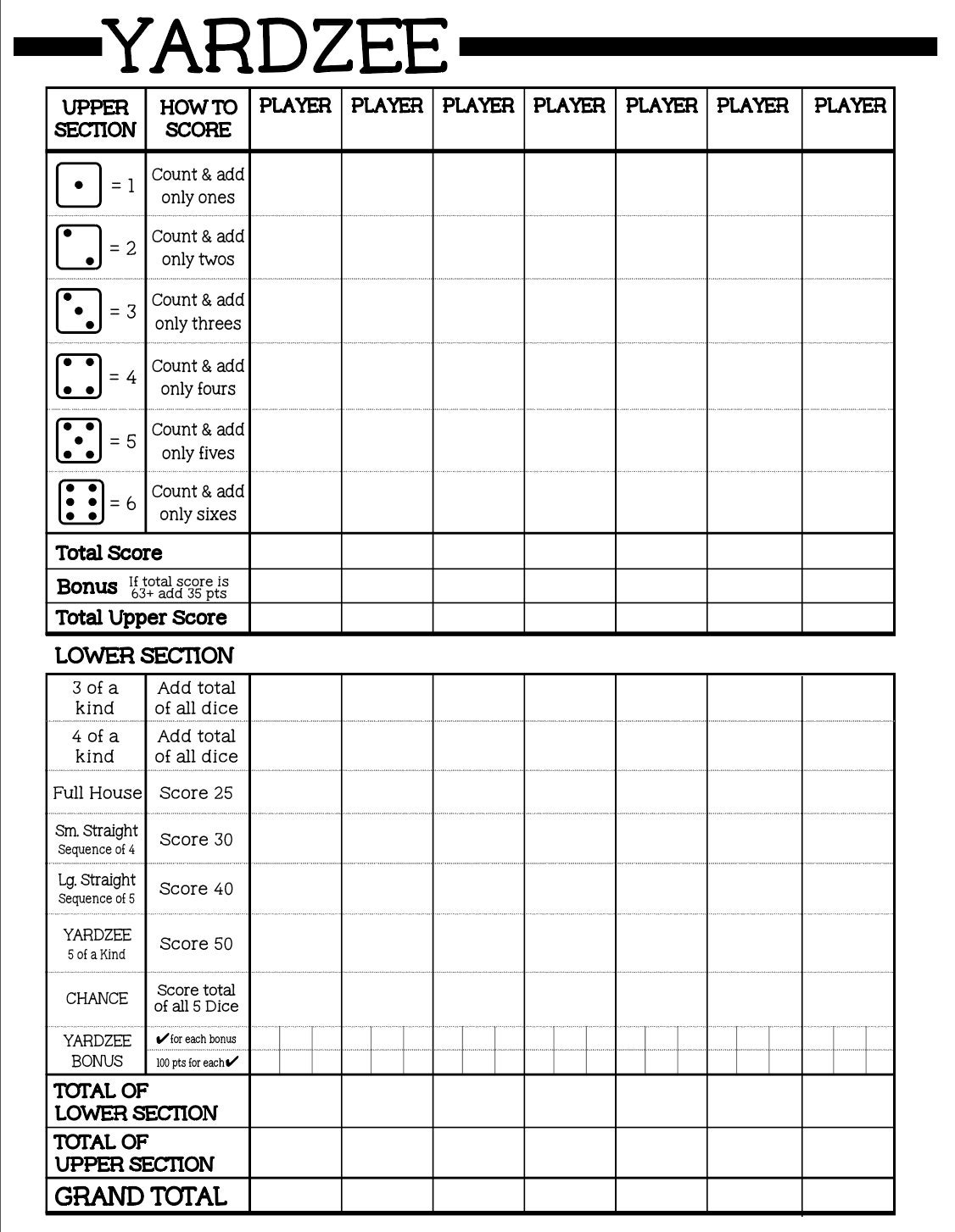 Yardzee Outdoor Game Bundle – Dice Template & Scorecards (digital ...