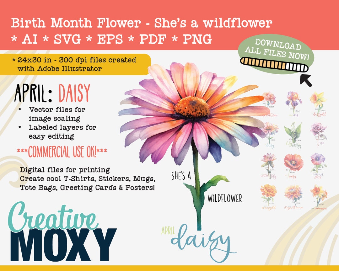 April Birth Month Flower Daisy - She's a Wildflower Digital Download ...