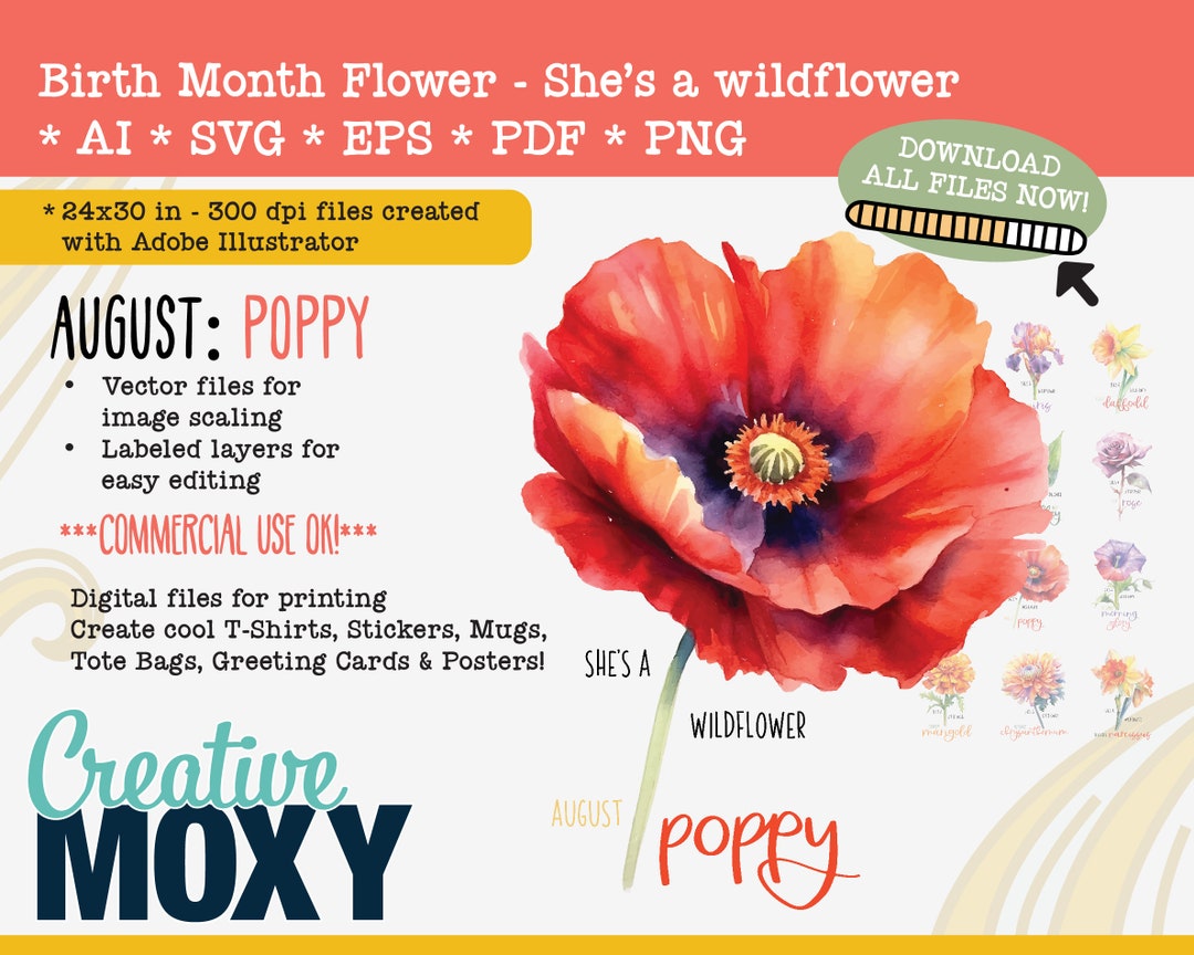 August Birth Month Flower Poppy She's a Wildflower Digital Download ...