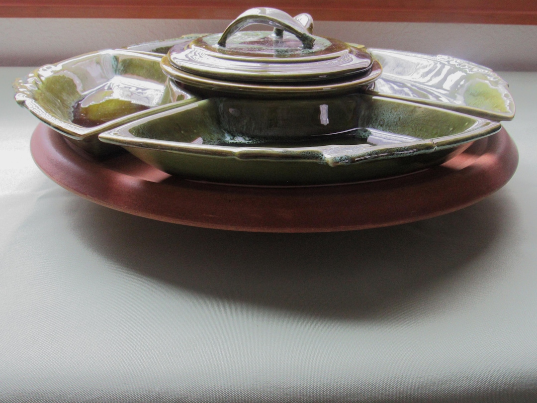 Wade of California Avocado Green Drip Divided Dish Lazy Susan Circa ...