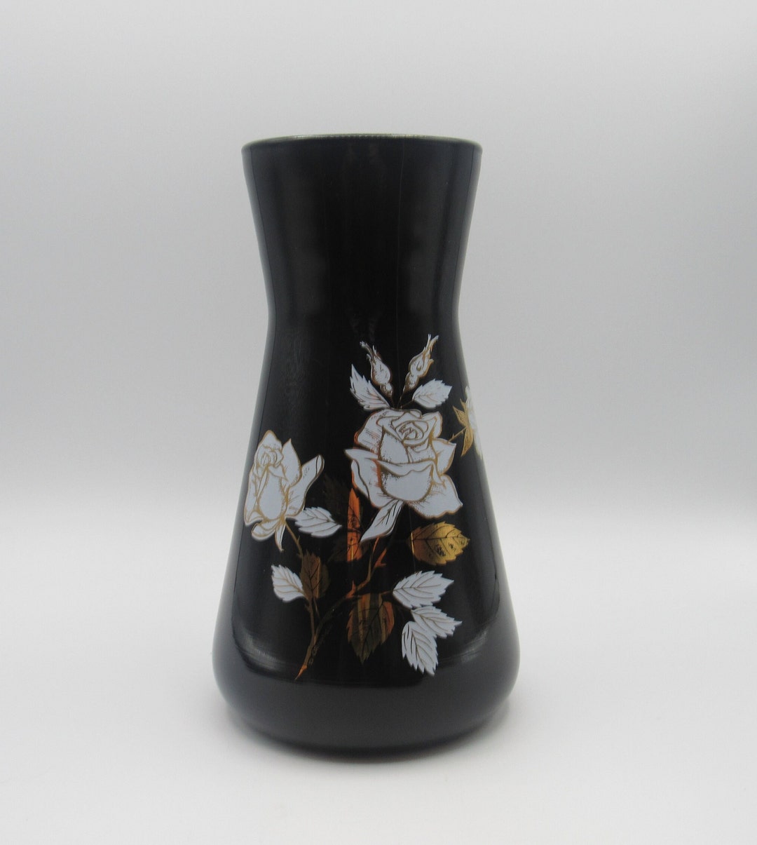 Black Glass Vase With Hand Painted Roses- Signed - Etsy