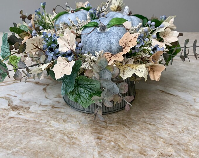 Modern Farmhouse Whitewashed Blue Pumpkin Fall Arrangement-fall Leaves ...