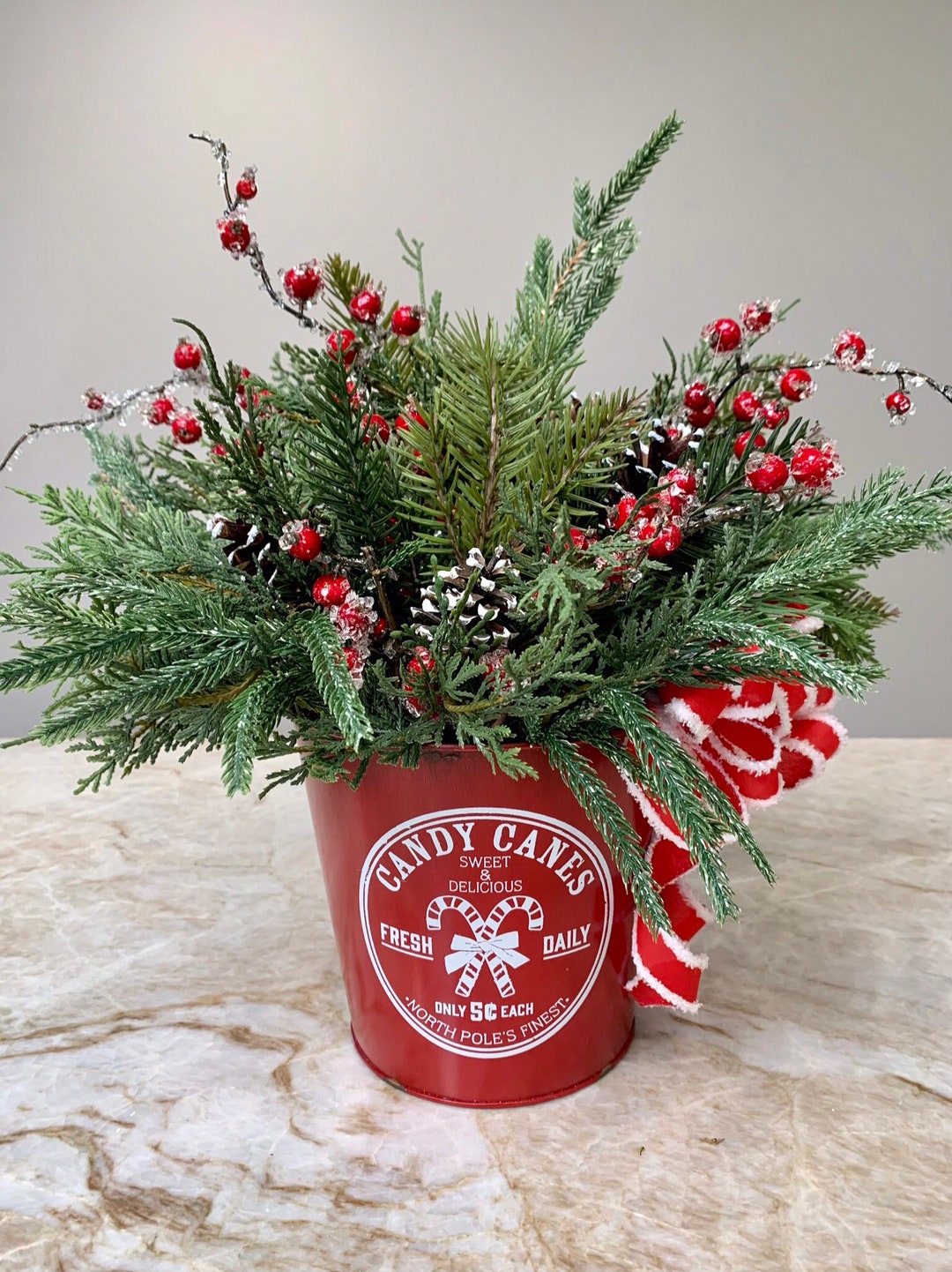 Large Winter Vintage Candy Cane Bucket Centerpiece-christmas ...