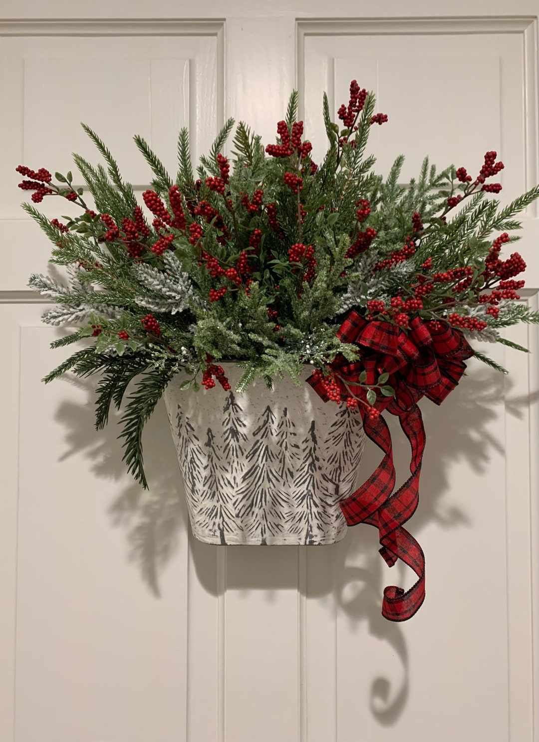 Winter Greenery & Red Berry Door Bucket-metal White Winter - Etsy