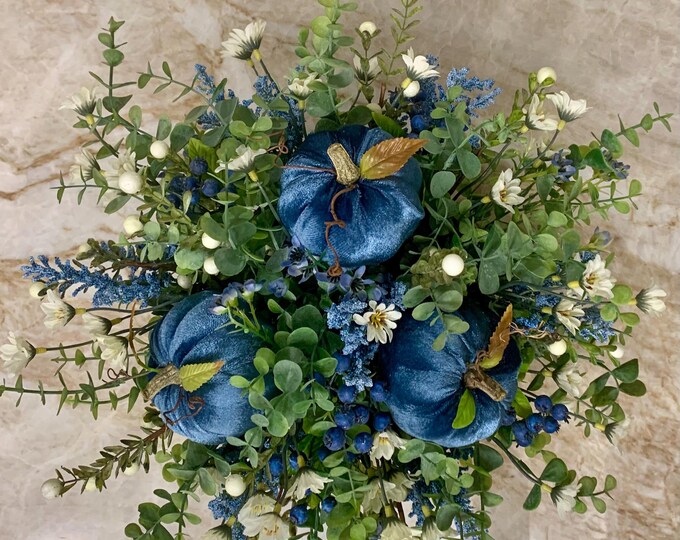 Modern Farmhouse Blue Velvet Pumpkin Fall Arrangement-fall Pumpkins ...