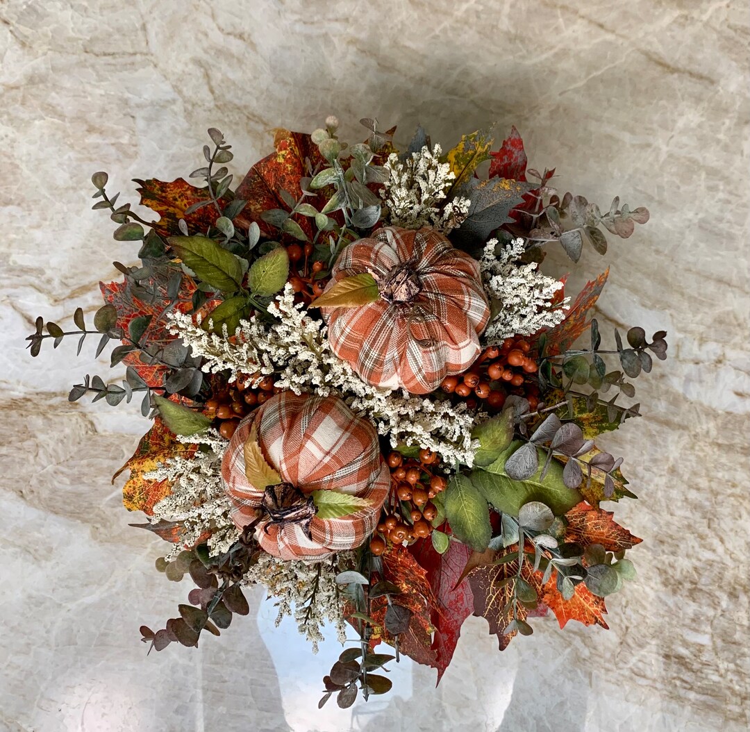 Small Modern Farmhouse Fall Arrangement-rustic Fall Plaid Faux Pumpkins ...