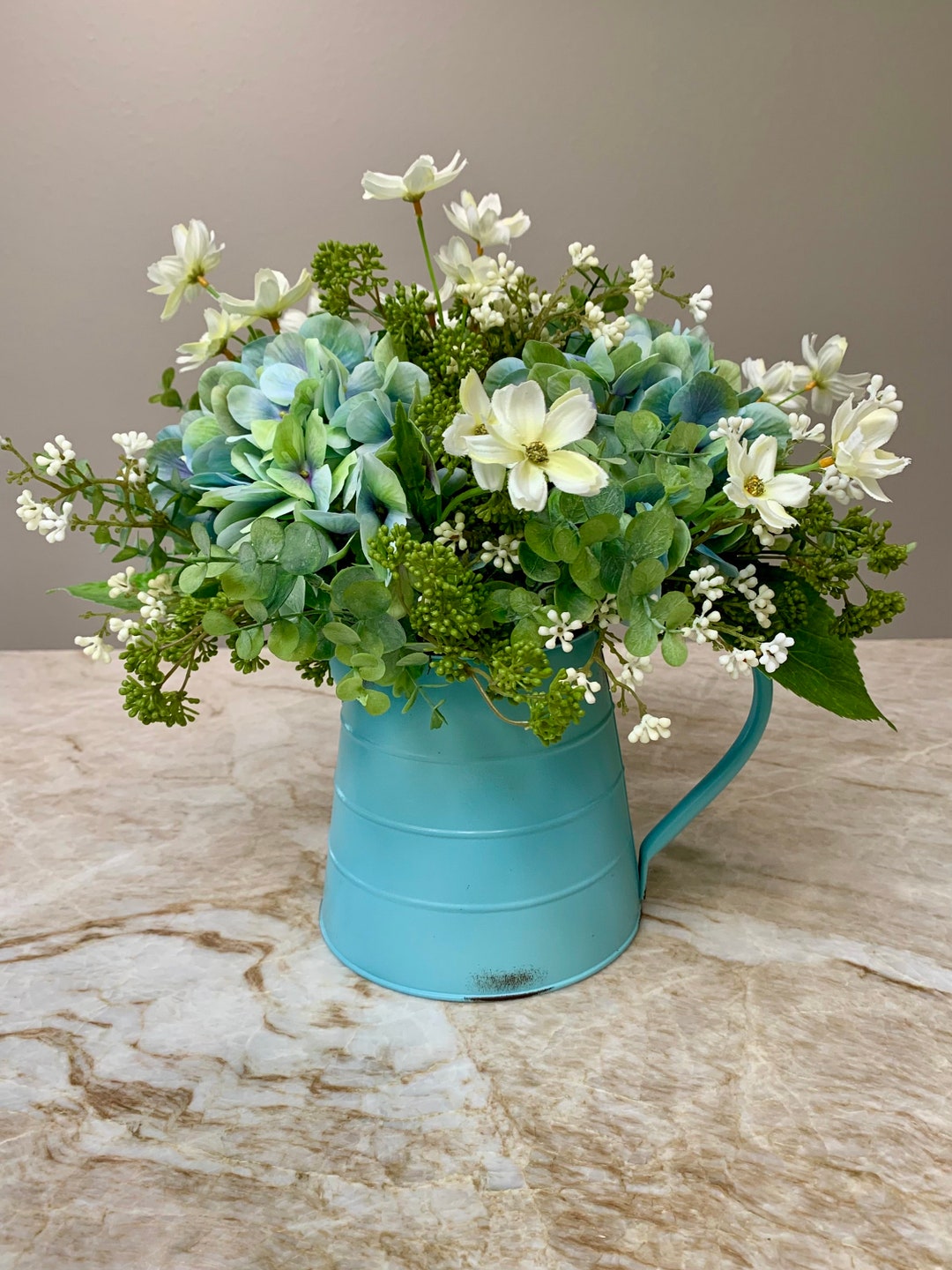 Aqua Blue/green Watering Can Hydrangea Arrangement-french Country ...