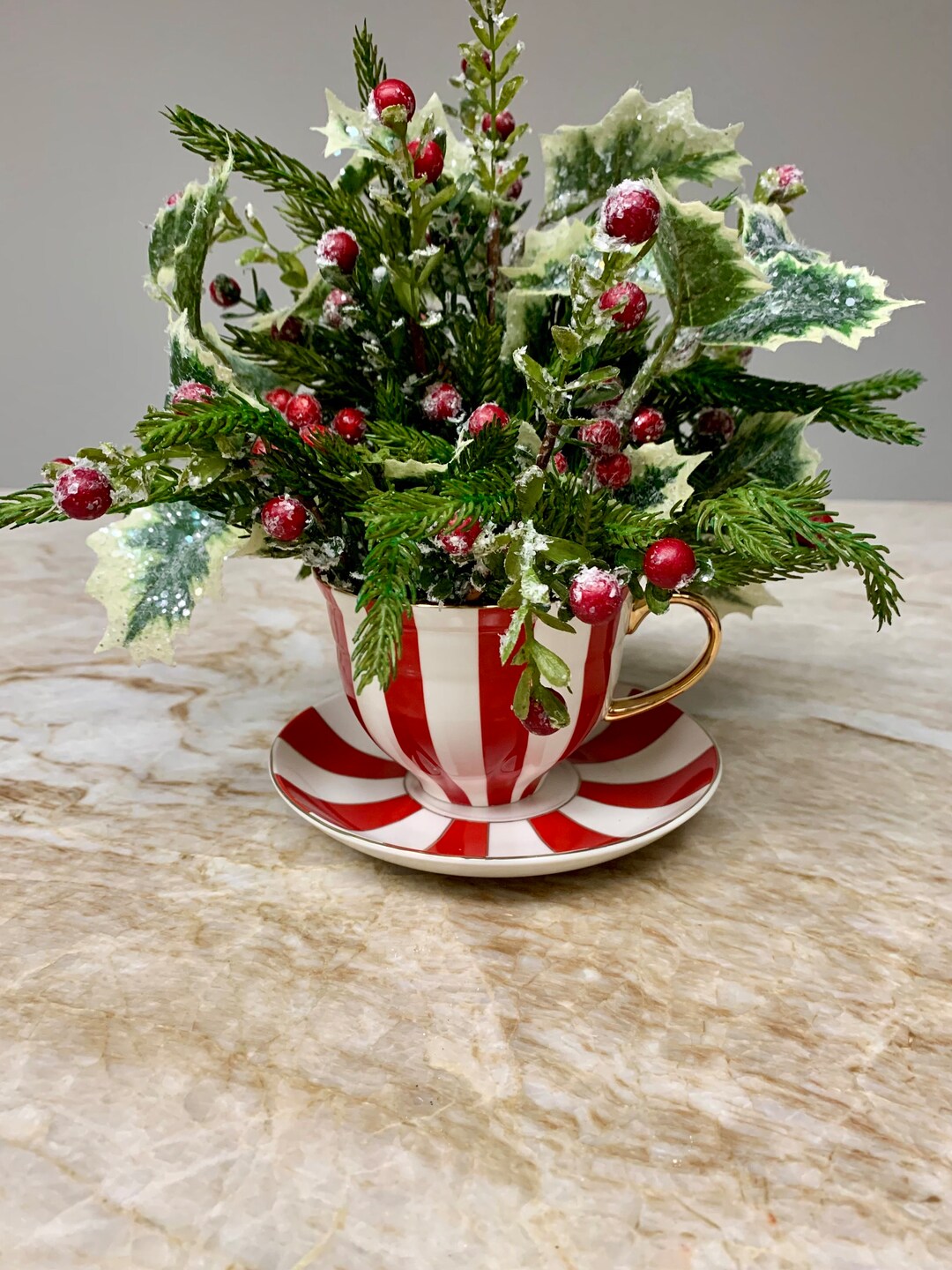 Small Winter Greenery & Berry Teacup Arrangement-whimsical - Etsy