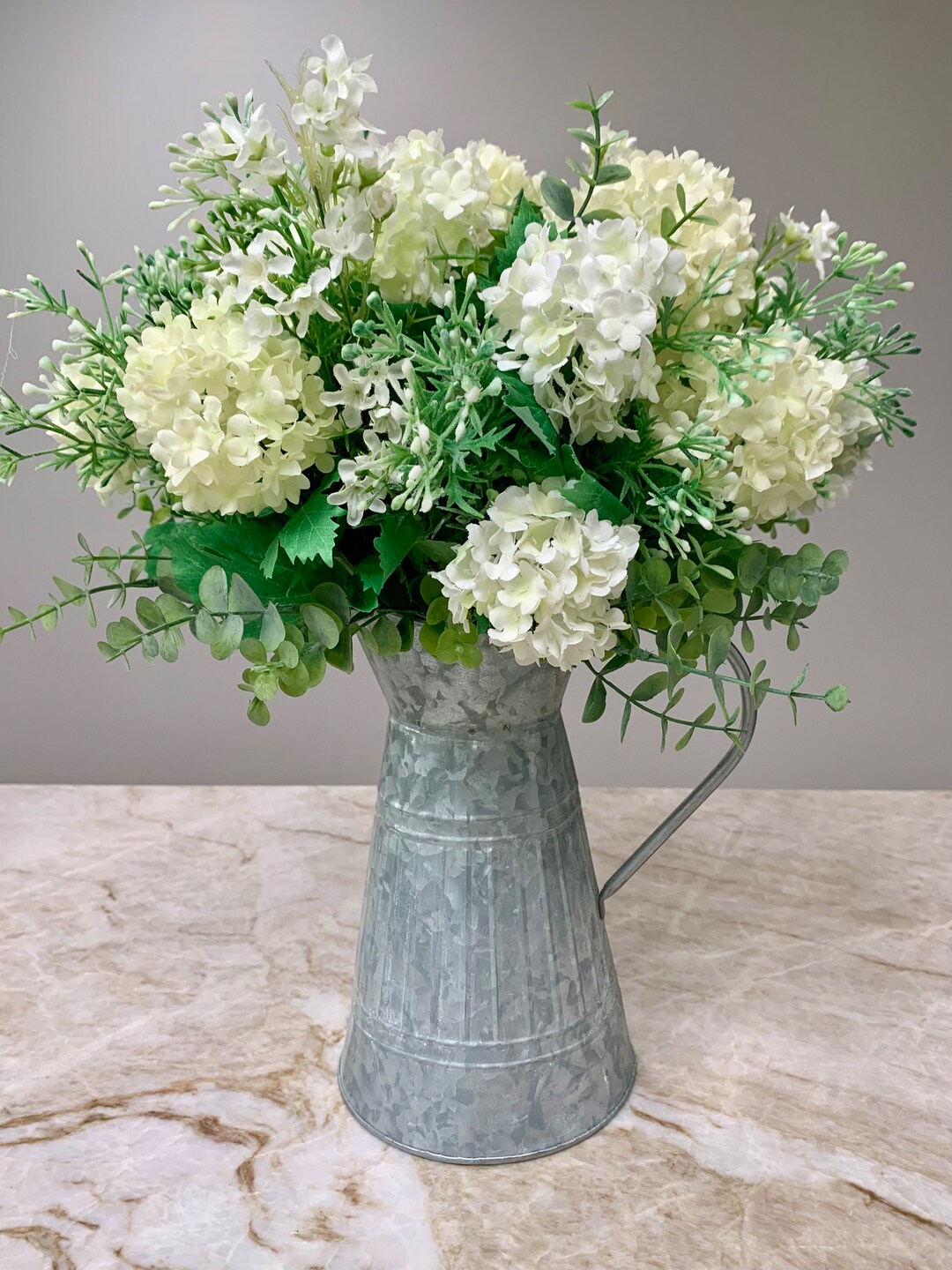 Modern Farmhouse Faux White Hydrangea Arrangement in Galvanized Metal ...