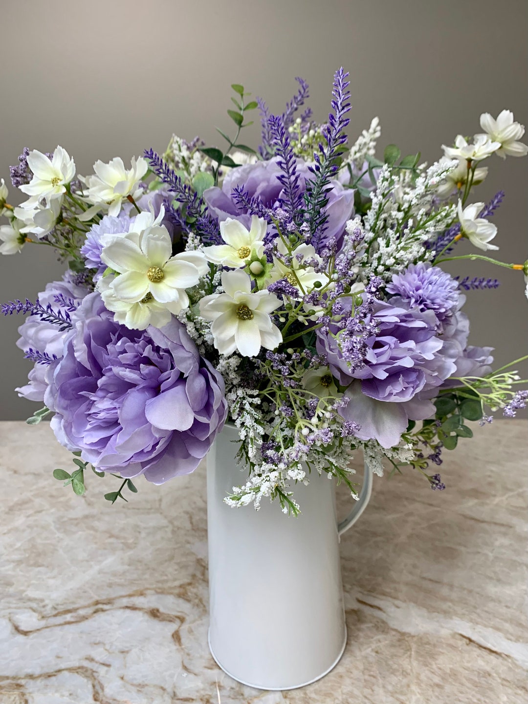 Peony, Cosmos & Lavender Arrangement in White Metal Watering Can-modern ...