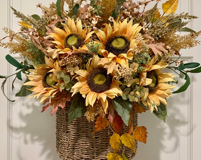 Large Fall Modern Farmhouse Sunflower Door Basket Wreath-faux Sunflower ...
