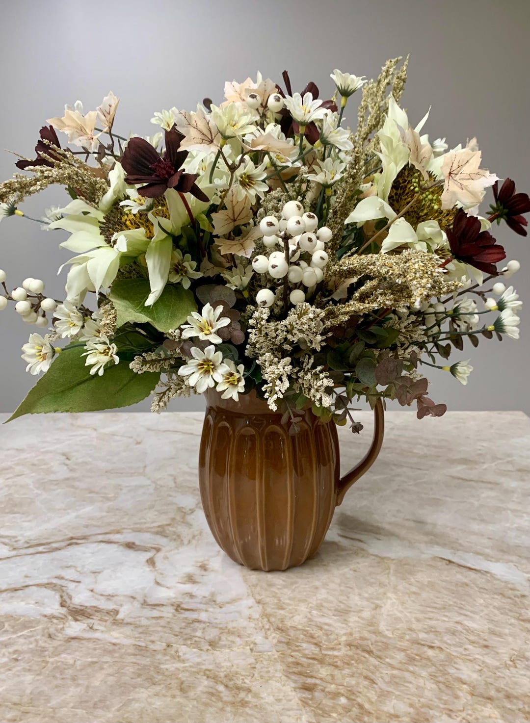 Fall Stoneware Pitcher Arrangement-faux Fall White Sunflower ...