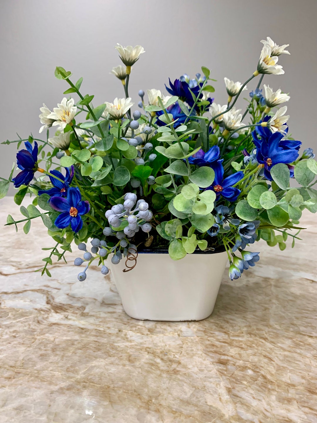 Blue & White Modern Farmhouse Arrangement-baby Cosmos, Waxflower, Wild ...