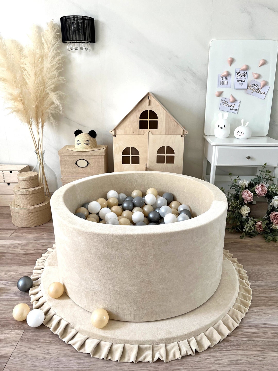Ball Pit + 300 Balls Included - Cotton Velvet Ecru, Light Beige, Creme ...