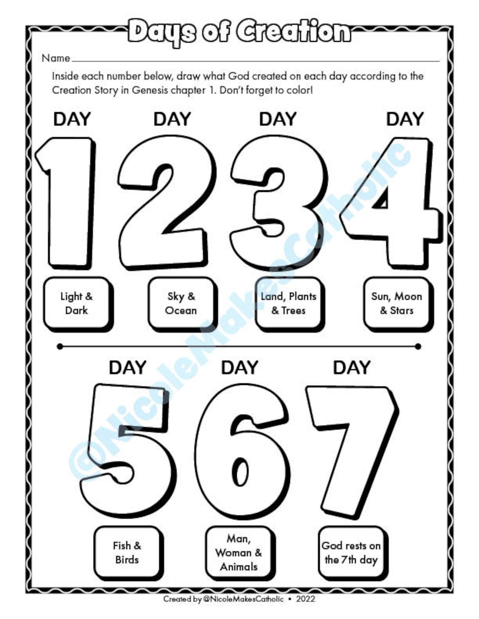 Printable Days of Creation Worksheet | Digital Download - Etsy