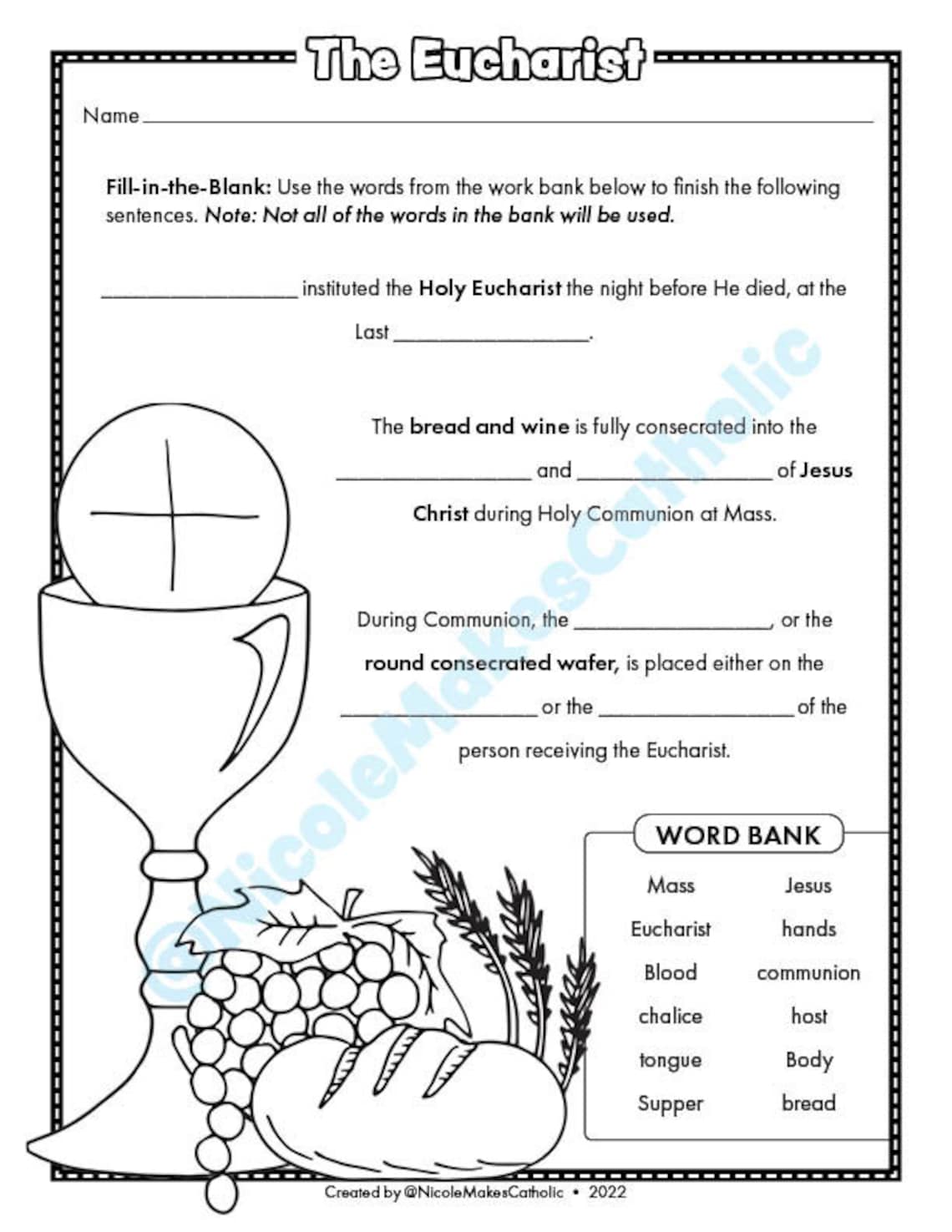 Holy Eucharist Fill-in-the-blanks Worksheet - Etsy