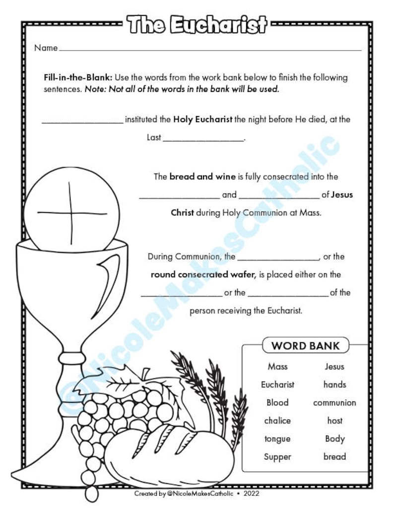 Printable Holy Eucharist Fill-in-the-blanks Worksheet | Digital ...