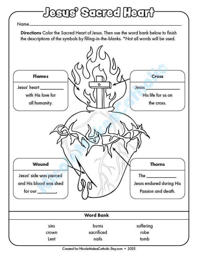 Printable Sacred Heart of Jesus Worksheet | Digital Download - Etsy