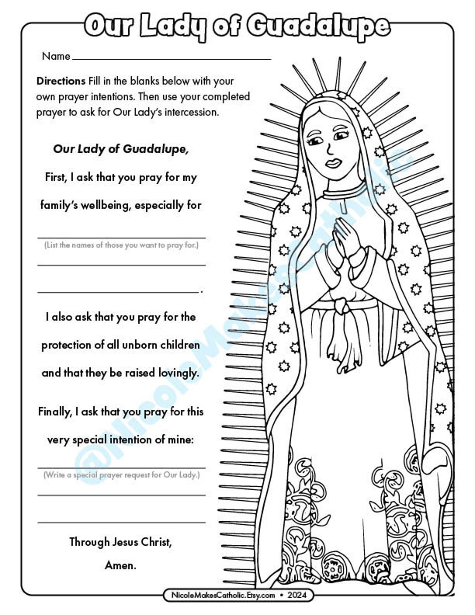 Printable Our Lady of Guadalupe Prayer Worksheet | Digital Download - Etsy