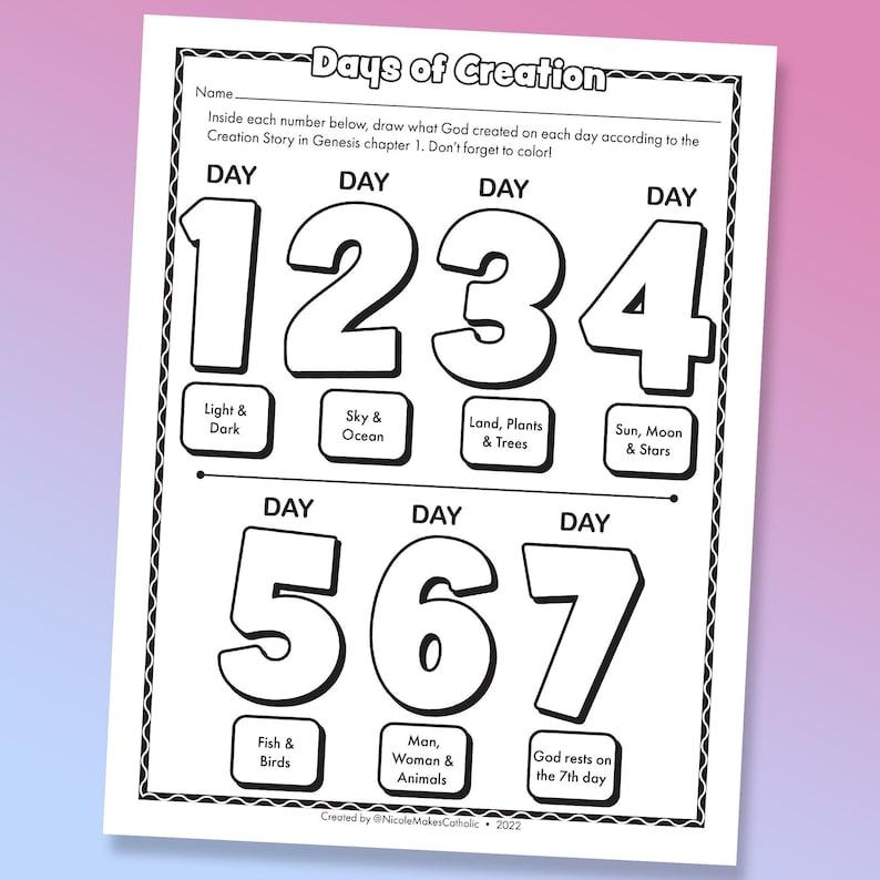 Printable Days of Creation Worksheet | Digital Download - Etsy